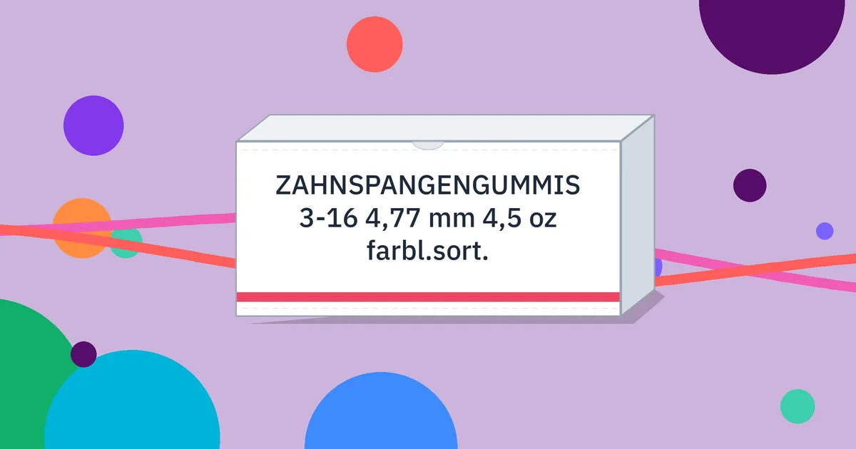 Symbolbild: Packung mit der Aufschrift ZAHNSPANGENGUMMIS 3-16 4,77 mm 4,5 oz farbl.sort. (PZN 19857803) – Verfügbarkeit und Bezug in Apotheken in Frankfurt am Main