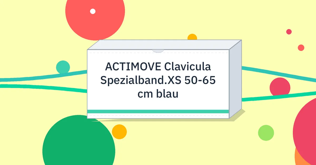 Symbolbild: Packung mit der Aufschrift ACTIMOVE Clavicula Spezialband.XS 50-65 cm blau (PZN 18222853) – Verfügbarkeit und Bezug in Apotheken in Frankfurt am Main