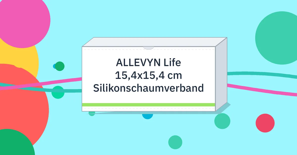 Symbolbild: Packung mit der Aufschrift ALLEVYN Life 15,4x15,4 cm Silikonschaumverband (PZN 17416992) – Verfügbarkeit und Bezug in Apotheken in Frankfurt am Main