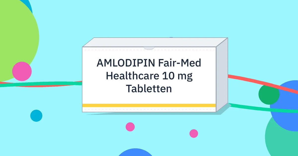 Symbolbild: Packung mit der Aufschrift AMLODIPIN Fair-Med Healthcare 10 mg Tabletten (PZN 10420559) – Verfügbarkeit und Bezug in Apotheken in Frankfurt am Main
