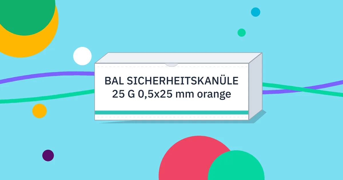 Symbolbild: Packung mit der Aufschrift BAL SICHERHEITSKANÜLE 25 G 0,5x25 mm orange (PZN 19124437) – Verfügbarkeit und Bezug in Apotheken in Frankfurt am Main
