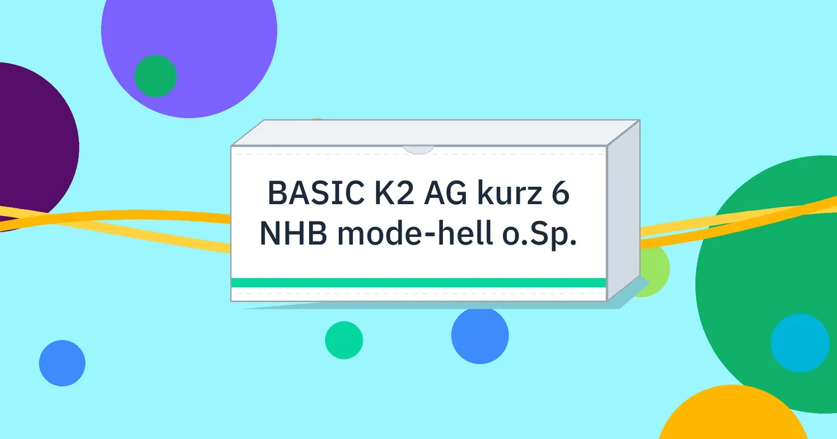 Symbolbild: Packung mit der Aufschrift BASIC K2 AG kurz 6 NHB mode-hell o.Sp. (PZN 20268408) – Verfügbarkeit und Bezug in Apotheken in Frankfurt am Main