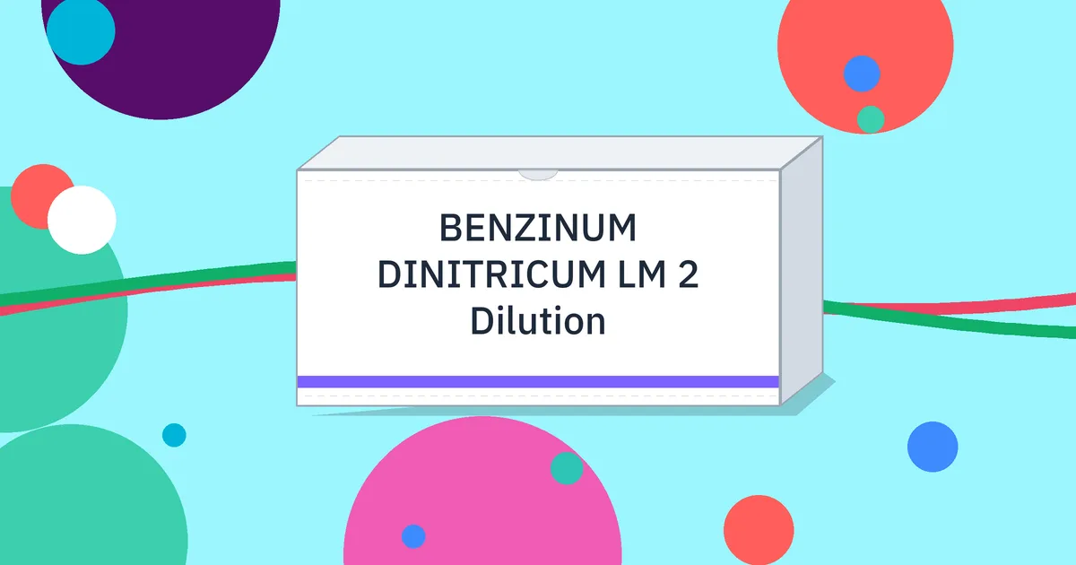 Symbolbild: Packung mit der Aufschrift BENZINUM DINITRICUM LM 2 Dilution (PZN 13381966) – Verfügbarkeit und Bezug in Apotheken in Frankfurt am Main