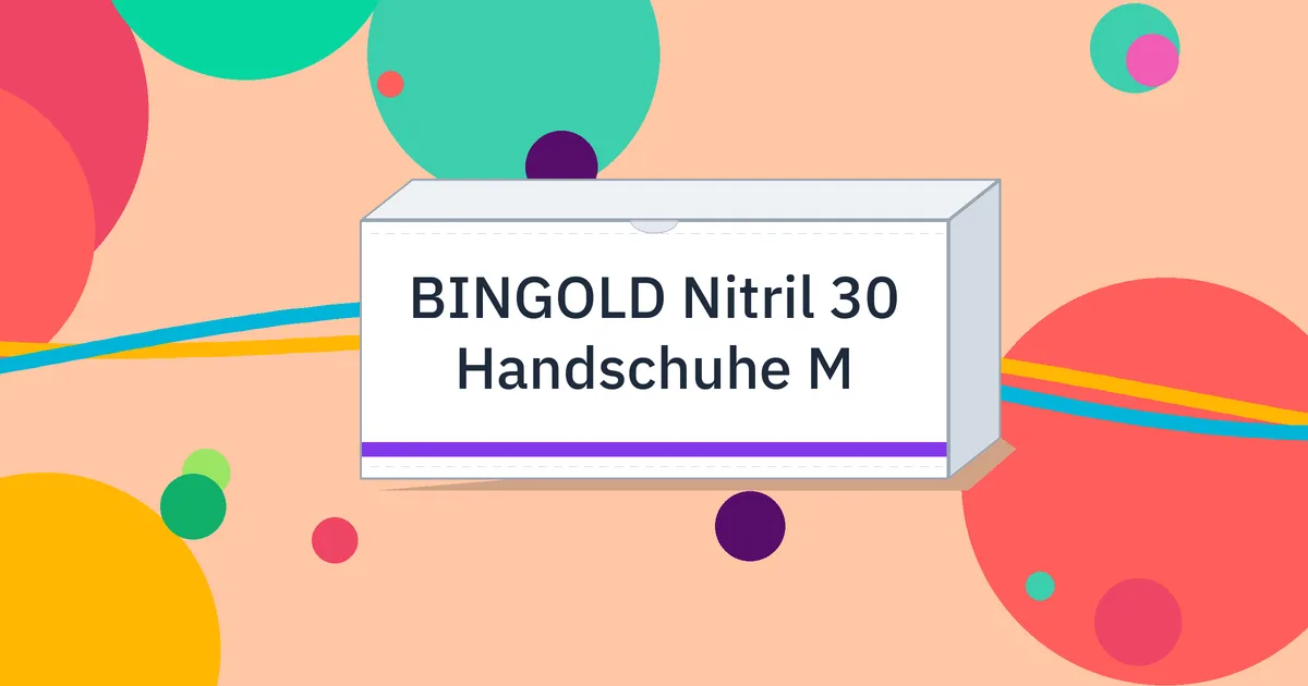 Symbolbild: Packung mit der Aufschrift BINGOLD Nitril 30 Handschuhe M (PZN 13542091) – Verfügbarkeit und Bezug in Apotheken in Frankfurt am Main