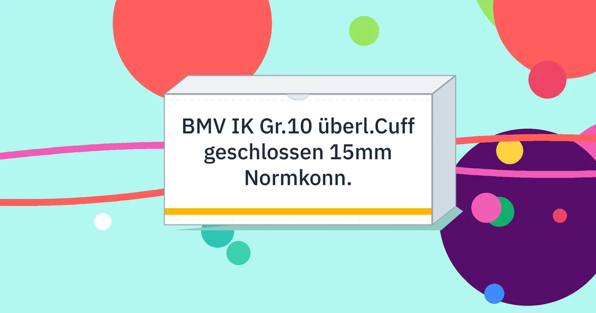 Symbolbild: Packung mit der Aufschrift BMV IK Gr.10 überl.Cuff geschlossen 15mm Normkonn. (PZN 18381824) – Verfügbarkeit und Bezug in Apotheken in Frankfurt am Main