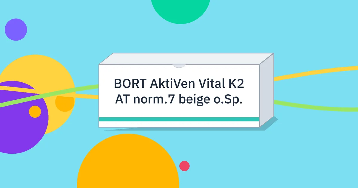 Symbolbild: Packung mit der Aufschrift BORT AktiVen Vital K2 AT norm.7 beige o.Sp. (PZN 13739008) – Verfügbarkeit und Bezug in Apotheken in Frankfurt am Main