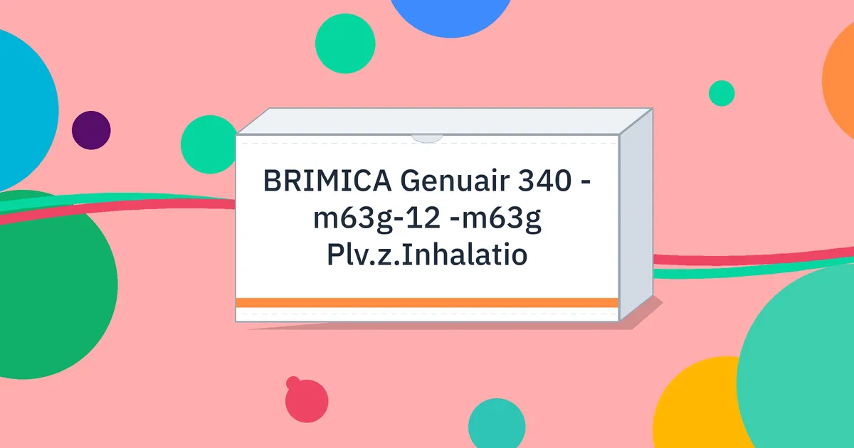 Symbolbild: Packung mit der Aufschrift BRIMICA Genuair 340 -m63g-12 -m63g Plv.z.Inhalatio (PZN 10744718) – Verfügbarkeit und Bezug in Apotheken in Frankfurt am Main