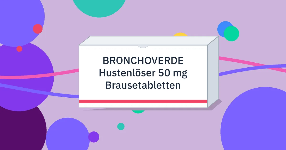 Symbolbild: Packung mit der Aufschrift BRONCHOVERDE Hustenlöser 50 mg Brausetabletten (PZN 09542932) – Verfügbarkeit und Bezug in Apotheken in Frankfurt am Main