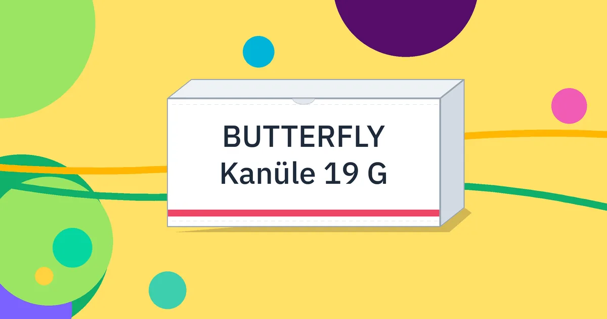 Symbolbild: Packung mit der Aufschrift BUTTERFLY Kanüle 19 G (PZN 00480514) – Verfügbarkeit und Bezug in Apotheken in Frankfurt am Main