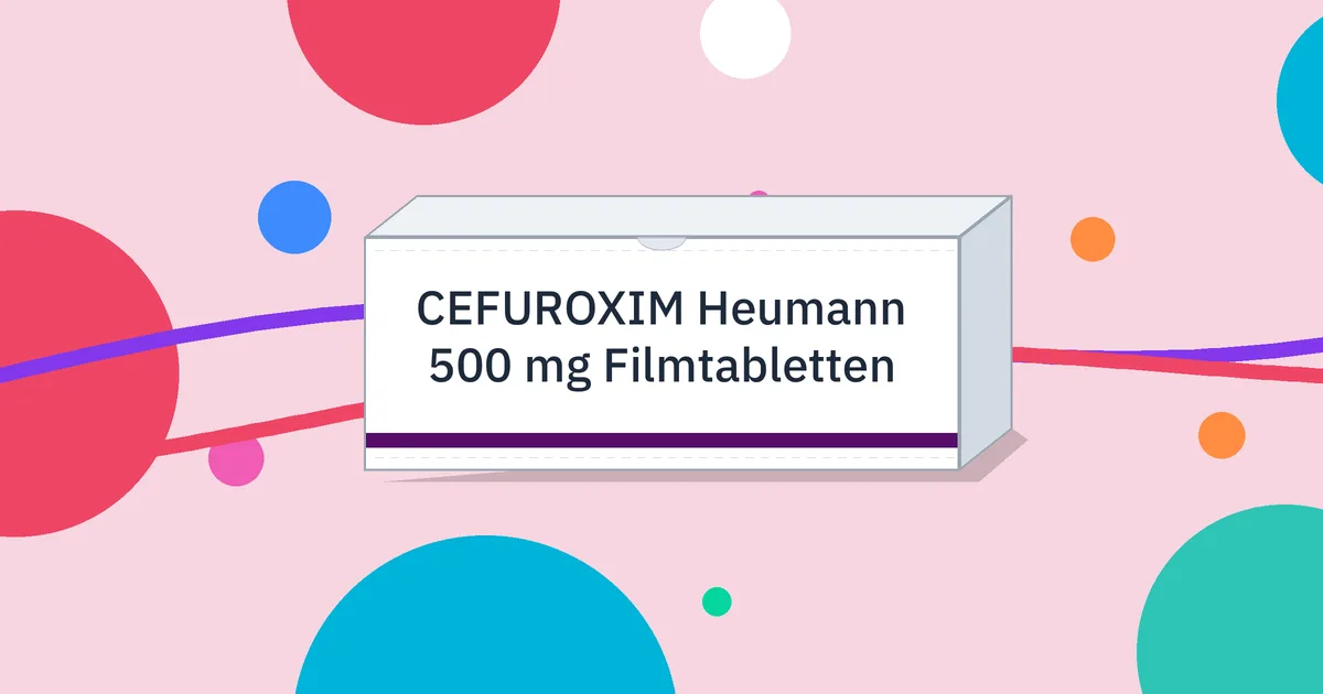 Symbolbild: Packung mit der Aufschrift CEFUROXIM Heumann 500 mg Filmtabletten (PZN 18471036) – Verfügbarkeit und Bezug in Apotheken in Frankfurt am Main