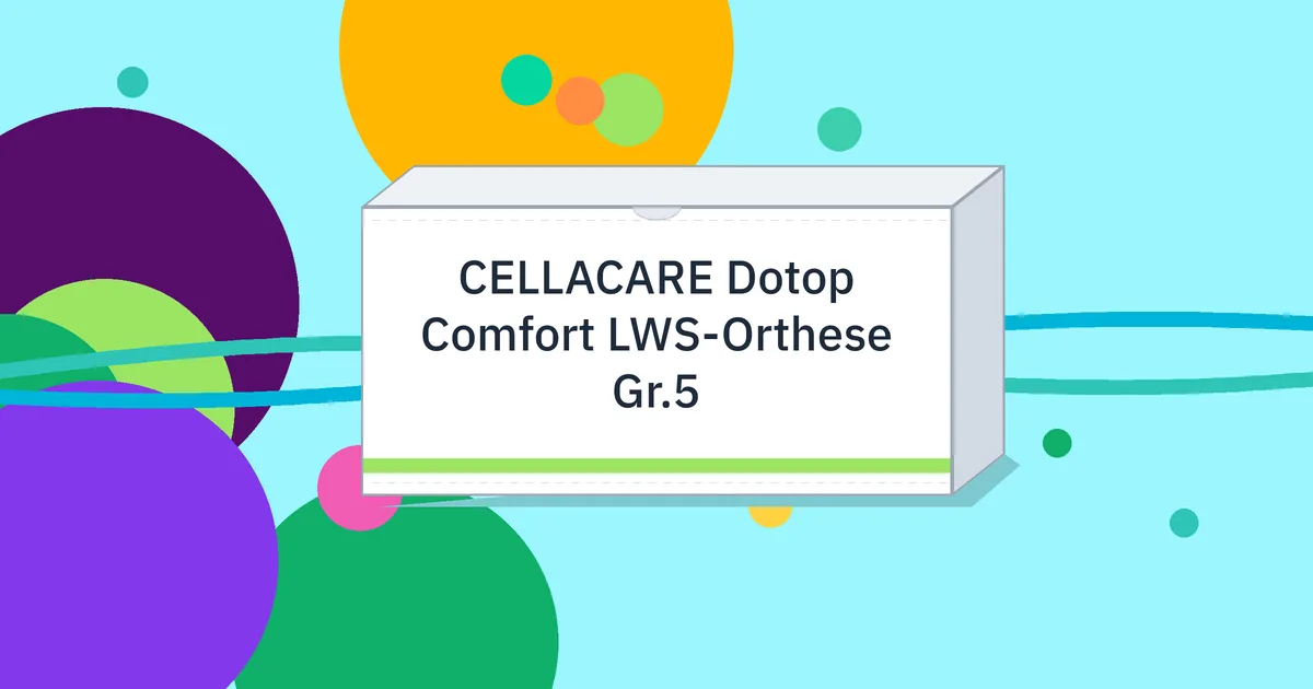 Symbolbild: Packung mit der Aufschrift CELLACARE Dotop Comfort LWS-Orthese Gr.5 (PZN 16738268) – Verfügbarkeit und Bezug in Apotheken in Frankfurt am Main