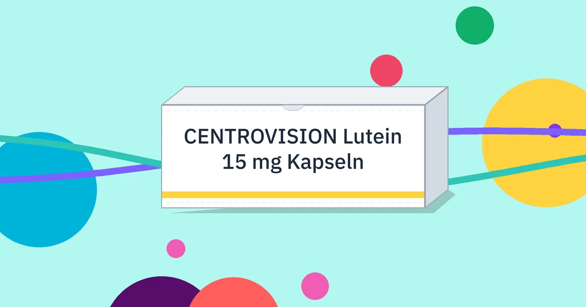 Symbolbild: Packung mit der Aufschrift CENTROVISION Lutein 15 mg Kapseln (PZN 15401302) – Verfügbarkeit und Bezug in Apotheken in Frankfurt am Main