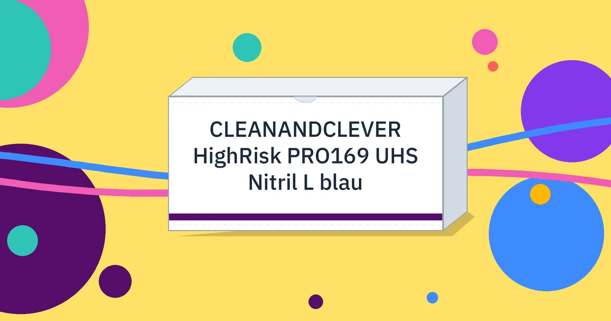 Symbolbild: Packung mit der Aufschrift CLEANANDCLEVER HighRisk PRO169 UHS Nitril L blau (PZN 18162772) – Verfügbarkeit und Bezug in Apotheken in Frankfurt am Main