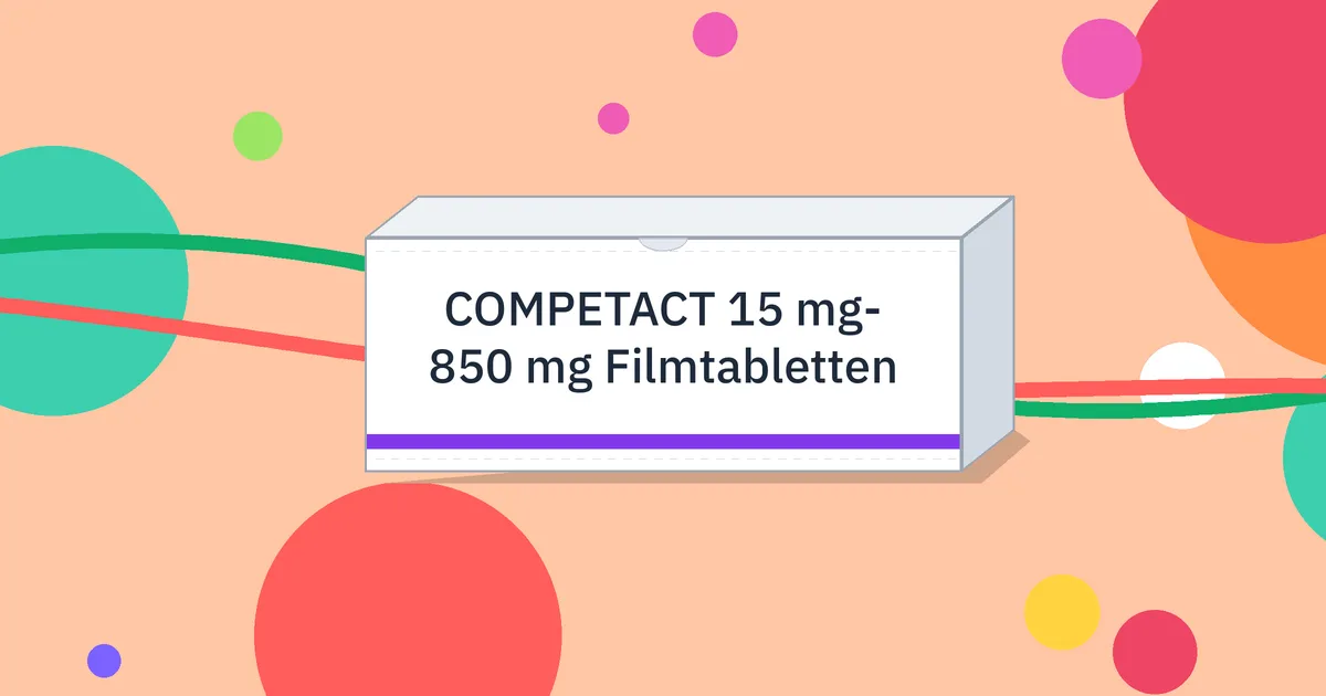 Symbolbild: Packung mit der Aufschrift COMPETACT 15 mg-850 mg Filmtabletten (PZN 06430813) – Verfügbarkeit und Bezug in Apotheken in Frankfurt am Main
