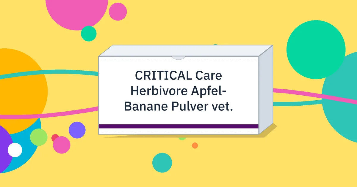 Symbolbild: Packung mit der Aufschrift CRITICAL Care Herbivore Apfel-Banane Pulver vet. (PZN 20612716) – Verfügbarkeit und Bezug in Apotheken in Frankfurt am Main