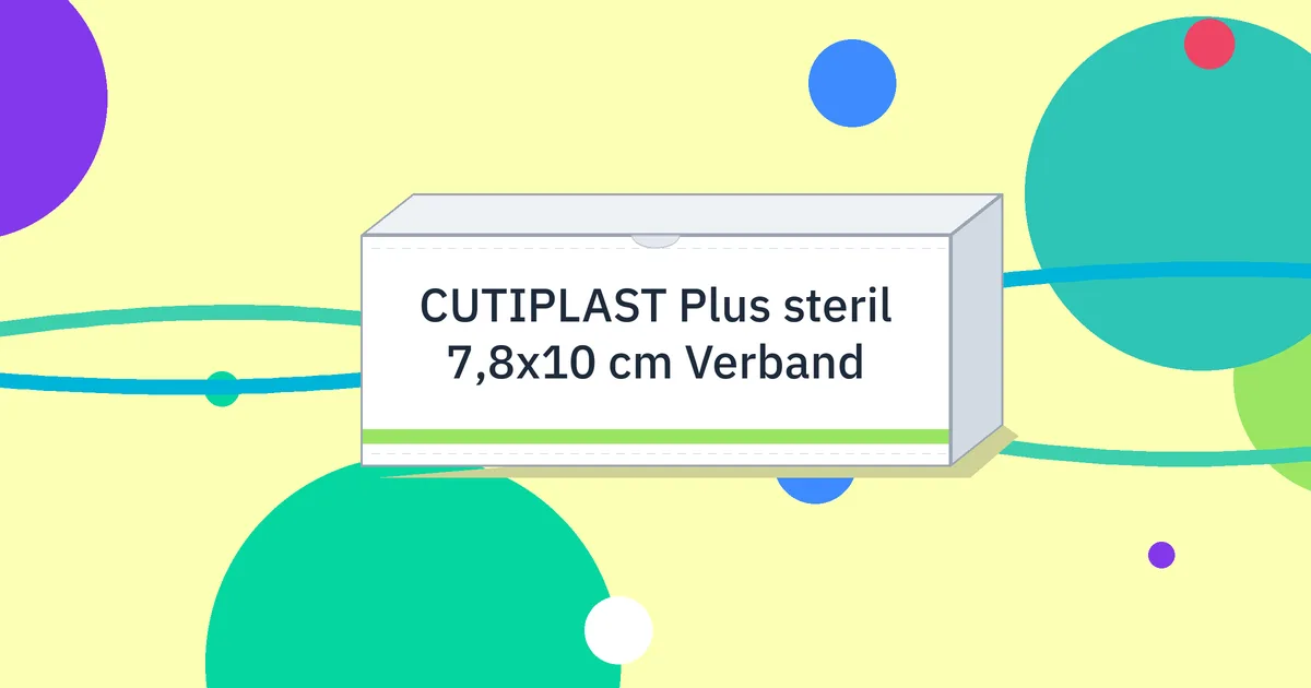 Symbolbild: Packung mit der Aufschrift CUTIPLAST Plus steril 7,8x10 cm Verband (PZN 18437312) – Verfügbarkeit und Bezug in Apotheken in Frankfurt am Main