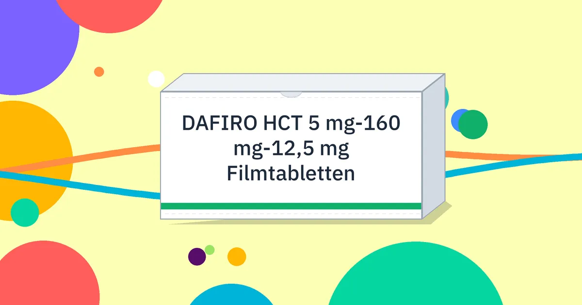 Symbolbild: Packung mit der Aufschrift DAFIRO HCT 5 mg-160 mg-12,5 mg Filmtabletten (PZN 11113813) – Verfügbarkeit und Bezug in Apotheken in Frankfurt am Main