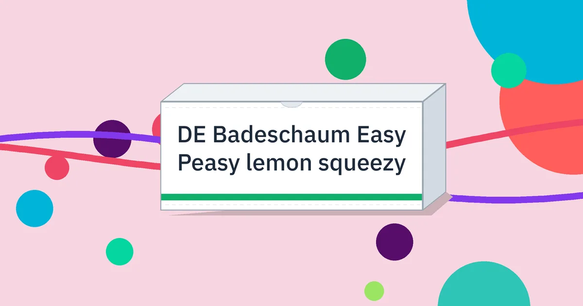Symbolbild: Packung mit der Aufschrift DE Badeschaum Easy Peasy lemon squeezy (PZN 18387502) – Verfügbarkeit und Bezug in Apotheken in Frankfurt am Main