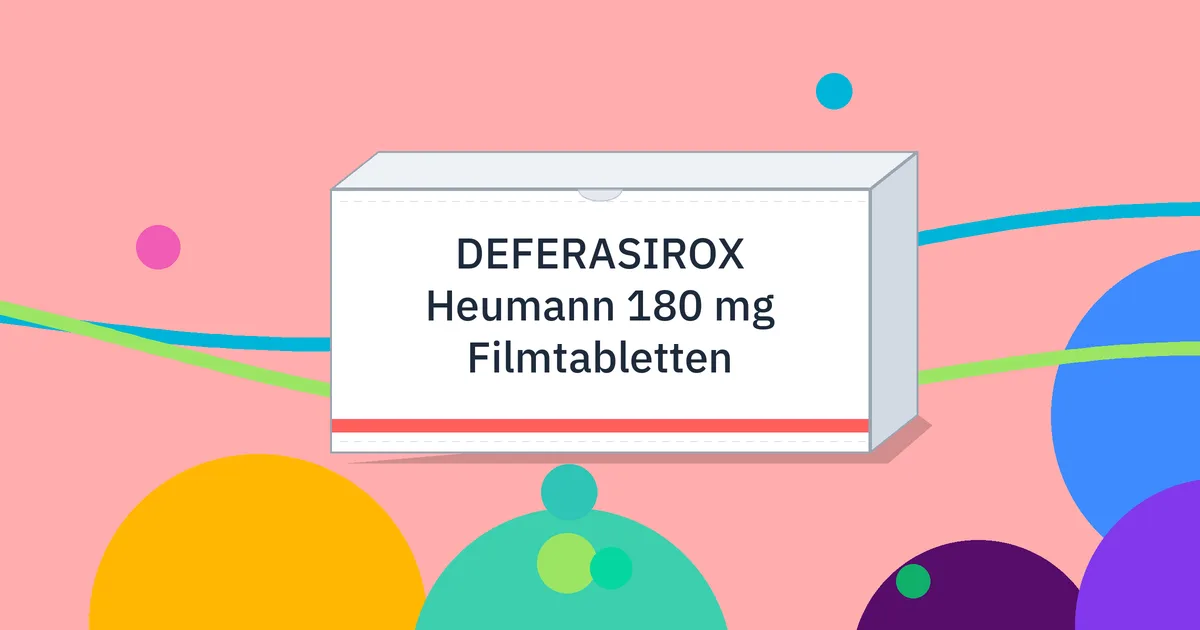 Symbolbild: Packung mit der Aufschrift DEFERASIROX Heumann 180 mg Filmtabletten (PZN 16358092) – Verfügbarkeit und Bezug in Apotheken in Frankfurt am Main