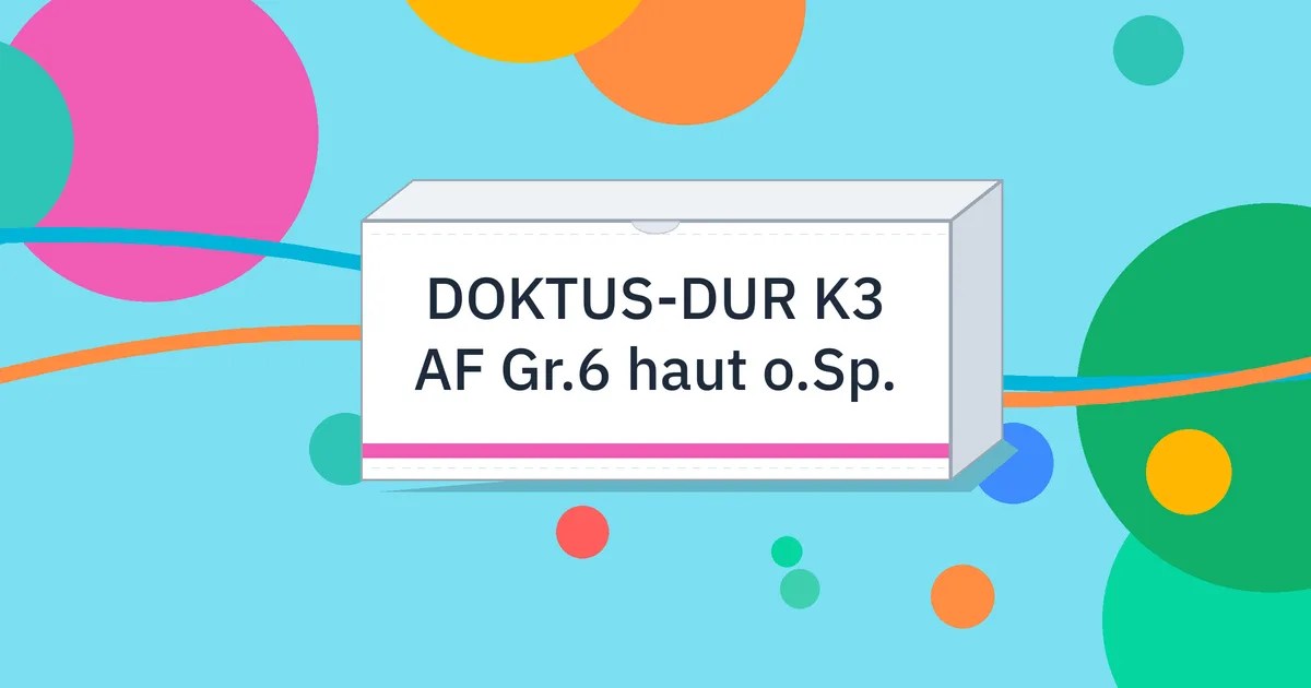 Symbolbild: Packung mit der Aufschrift DOKTUS-DUR K3 AF Gr.6 haut o.Sp. (PZN 00597110) – Verfügbarkeit und Bezug in Apotheken in Frankfurt am Main