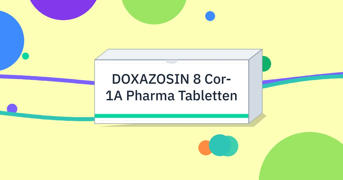 Symbolbild: Packung mit der Aufschrift DOXAZOSIN 8 Cor-1A Pharma Tabletten (PZN 02213591) – Verfügbarkeit und Bezug in Apotheken in Frankfurt am Main