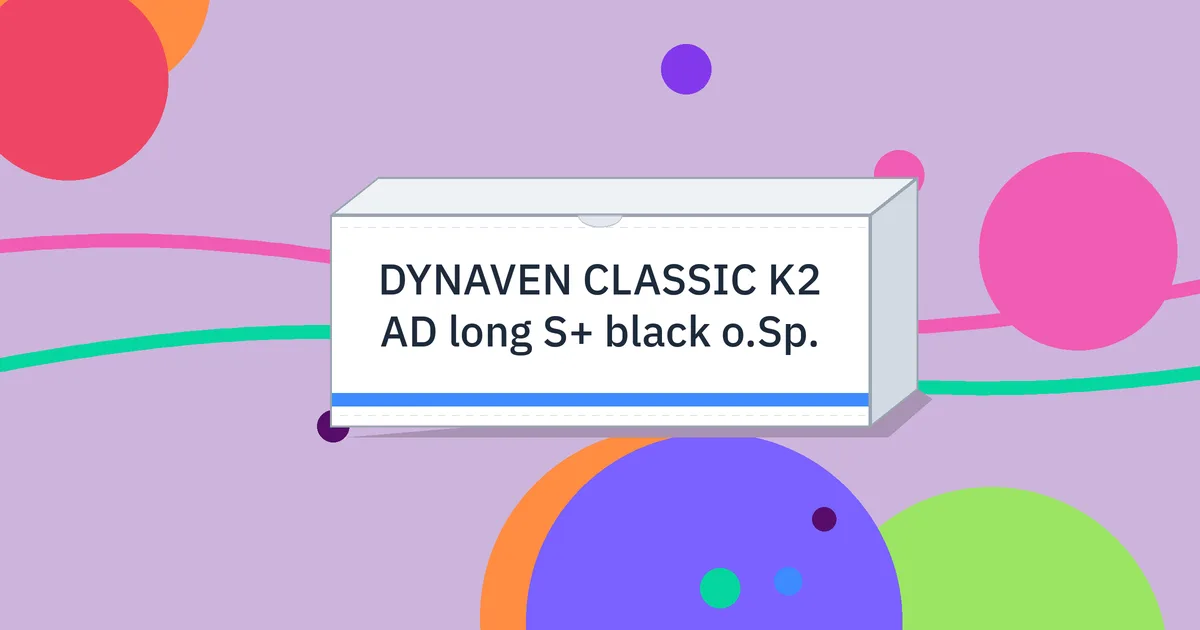 Symbolbild: Packung mit der Aufschrift DYNAVEN CLASSIC K2 AD long S+ black o.Sp. (PZN 18417143) – Verfügbarkeit und Bezug in Apotheken in Frankfurt am Main