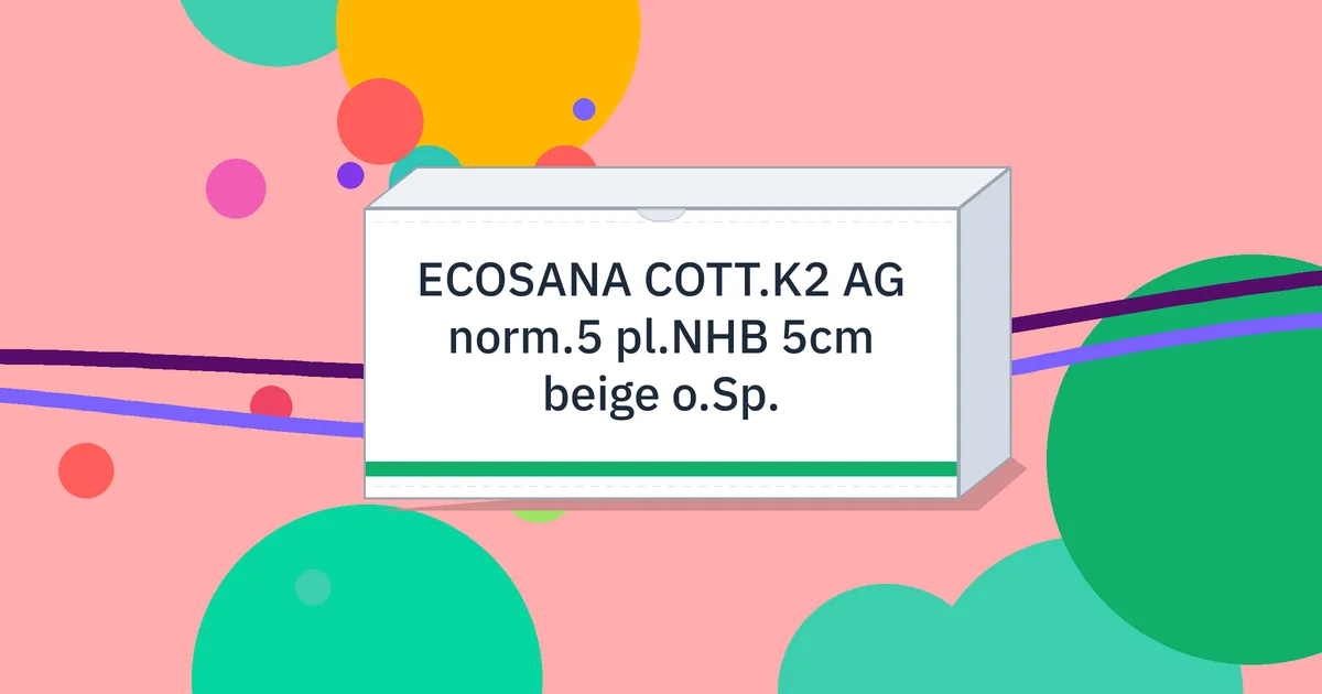 Symbolbild: Packung mit der Aufschrift ECOSANA COTT.K2 AG norm.5 pl.NHB 5cm beige o.Sp. (PZN 16950347) – Verfügbarkeit und Bezug in Apotheken in Frankfurt am Main