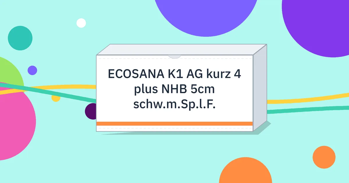 Symbolbild: Packung mit der Aufschrift ECOSANA K1 AG kurz 4 plus NHB 5cm schw.m.Sp.l.F. (PZN 04728187) – Verfügbarkeit und Bezug in Apotheken in Frankfurt am Main