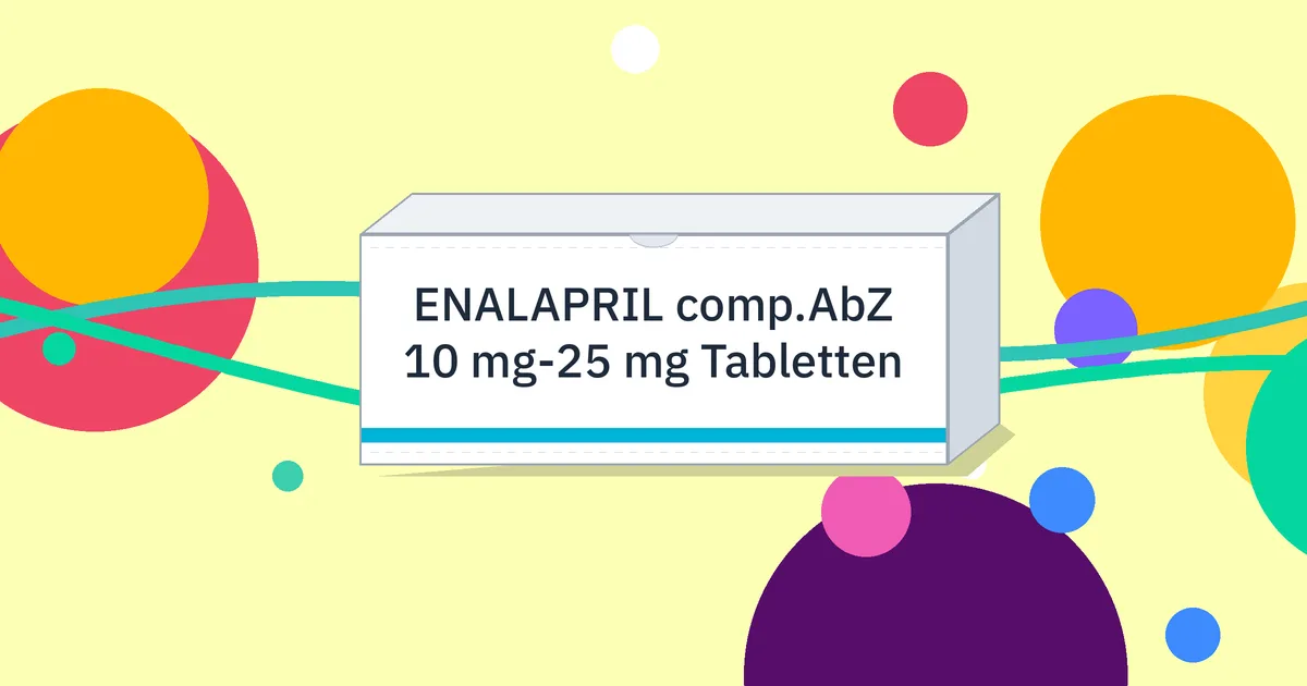 Symbolbild: Packung mit der Aufschrift ENALAPRIL comp.AbZ 10 mg-25 mg Tabletten (PZN 04182765) – Verfügbarkeit und Bezug in Apotheken in Frankfurt am Main
