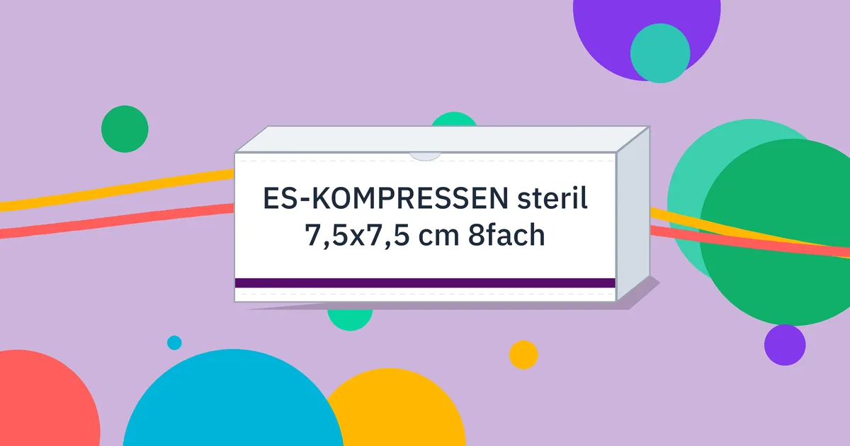 Symbolbild: Packung mit der Aufschrift ES-KOMPRESSEN steril 7,5x7,5 cm 8fach (PZN 18375858) – Verfügbarkeit und Bezug in Apotheken in Frankfurt am Main