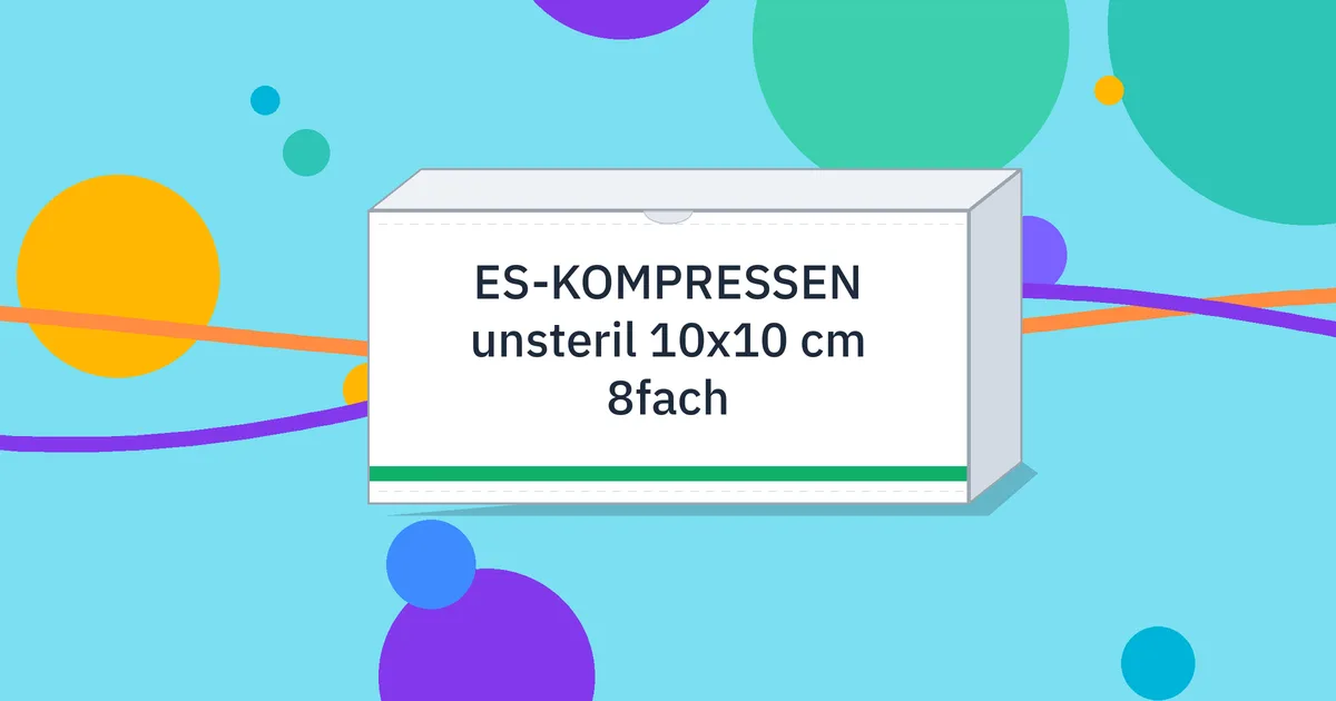 Symbolbild: Packung mit der Aufschrift ES-KOMPRESSEN unsteril 10x10 cm 8fach (PZN 20228739) – Verfügbarkeit und Bezug in Apotheken in Frankfurt am Main
