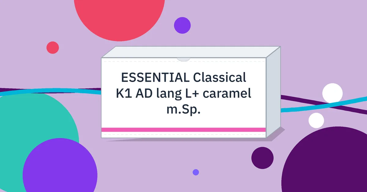Symbolbild: Packung mit der Aufschrift ESSENTIAL Classical K1 AD lang L+ caramel m.Sp. (PZN 17008721) – Verfügbarkeit und Bezug in Apotheken in Frankfurt am Main