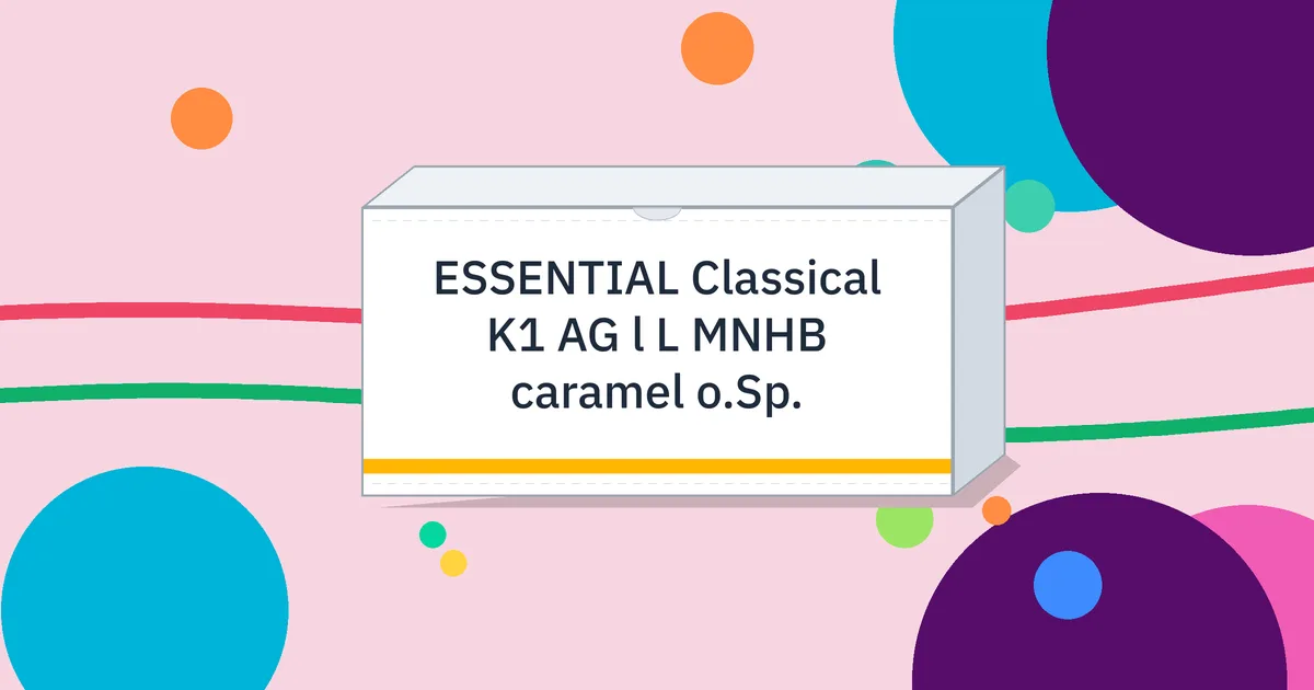 Symbolbild: Packung mit der Aufschrift ESSENTIAL Classical K1 AG l L MNHB caramel o.Sp. (PZN 19321379) – Verfügbarkeit und Bezug in Apotheken in Frankfurt am Main