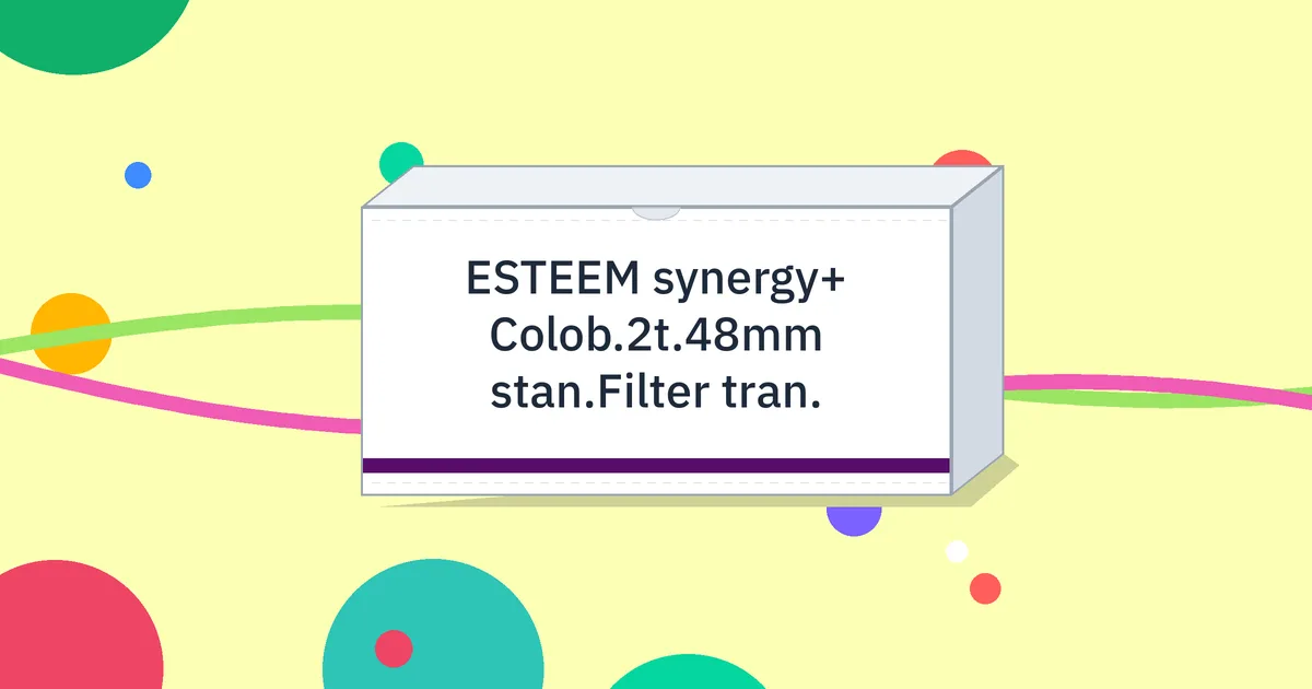 Symbolbild: Packung mit der Aufschrift ESTEEM synergy+ Colob.2t.48mm stan.Filter tran. (PZN 06461624) – Verfügbarkeit und Bezug in Apotheken in Frankfurt am Main