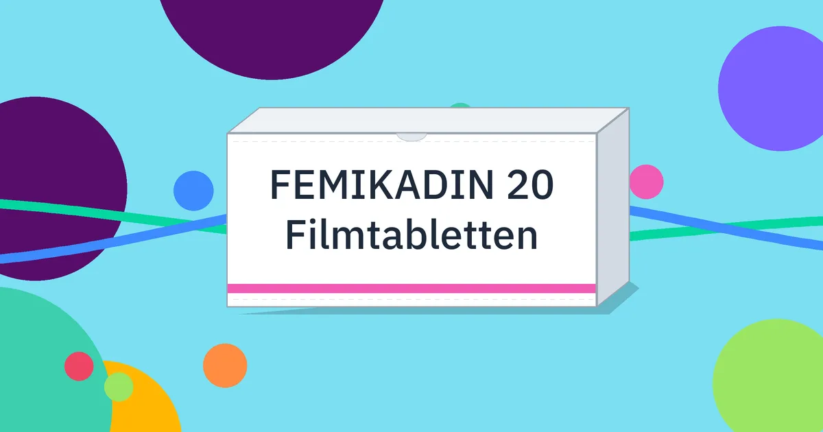 Symbolbild: Packung mit der Aufschrift FEMIKADIN 20 Filmtabletten (PZN 09522071) – Verfügbarkeit und Bezug in Apotheken in Frankfurt am Main