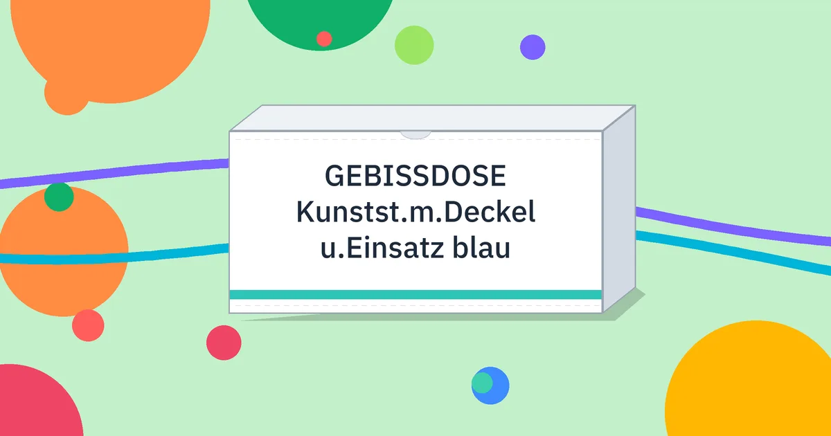 Symbolbild: Packung mit der Aufschrift GEBISSDOSE Kunstst.m.Deckel u.Einsatz blau (PZN 19898044) – Verfügbarkeit und Bezug in Apotheken in Frankfurt am Main