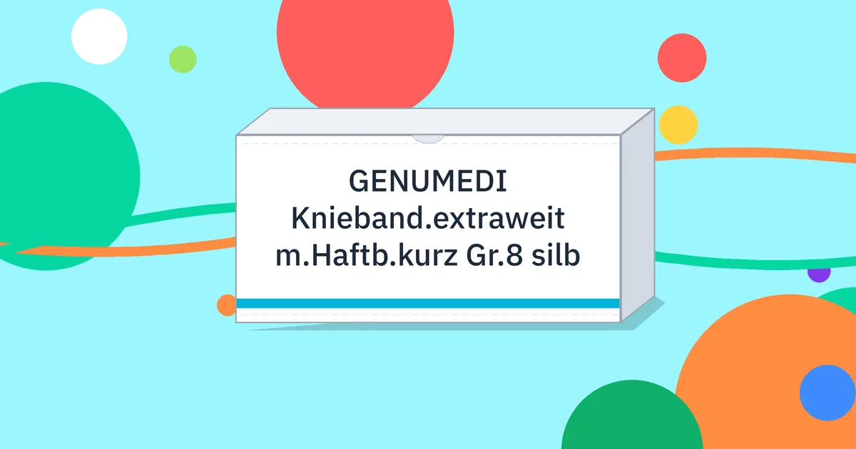 Symbolbild: Packung mit der Aufschrift GENUMEDI Knieband.extraweit m.Haftb.kurz Gr.8 silb (PZN 19886271) – Verfügbarkeit und Bezug in Apotheken in Frankfurt am Main