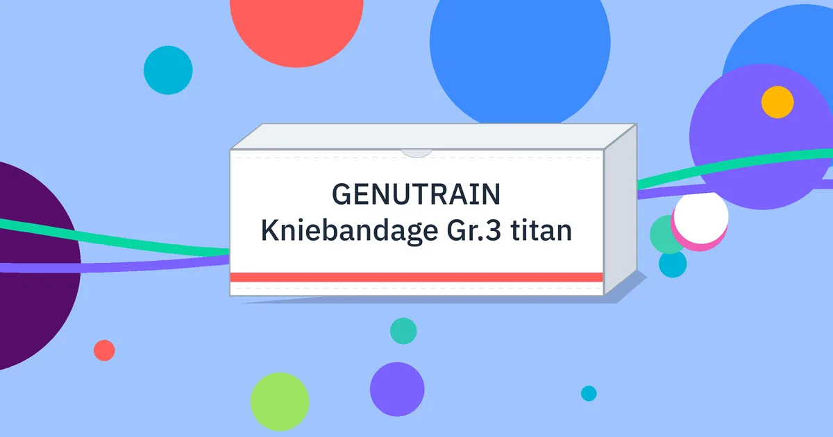 Symbolbild: Packung mit der Aufschrift GENUTRAIN Kniebandage Gr.3 titan (PZN 01285418) – Verfügbarkeit und Bezug in Apotheken in Frankfurt am Main