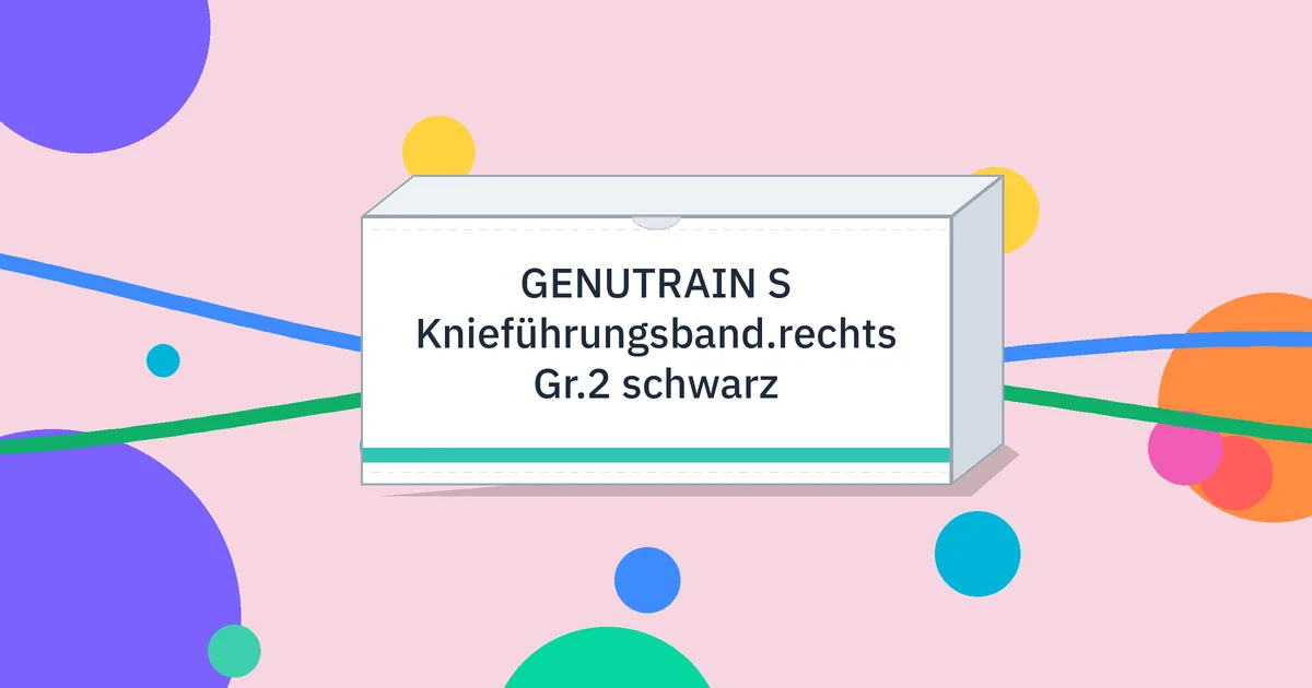 Symbolbild: Packung mit der Aufschrift GENUTRAIN S Knieführungsband.rechts Gr.2 schwarz (PZN 07551565) – Verfügbarkeit und Bezug in Apotheken in Frankfurt am Main