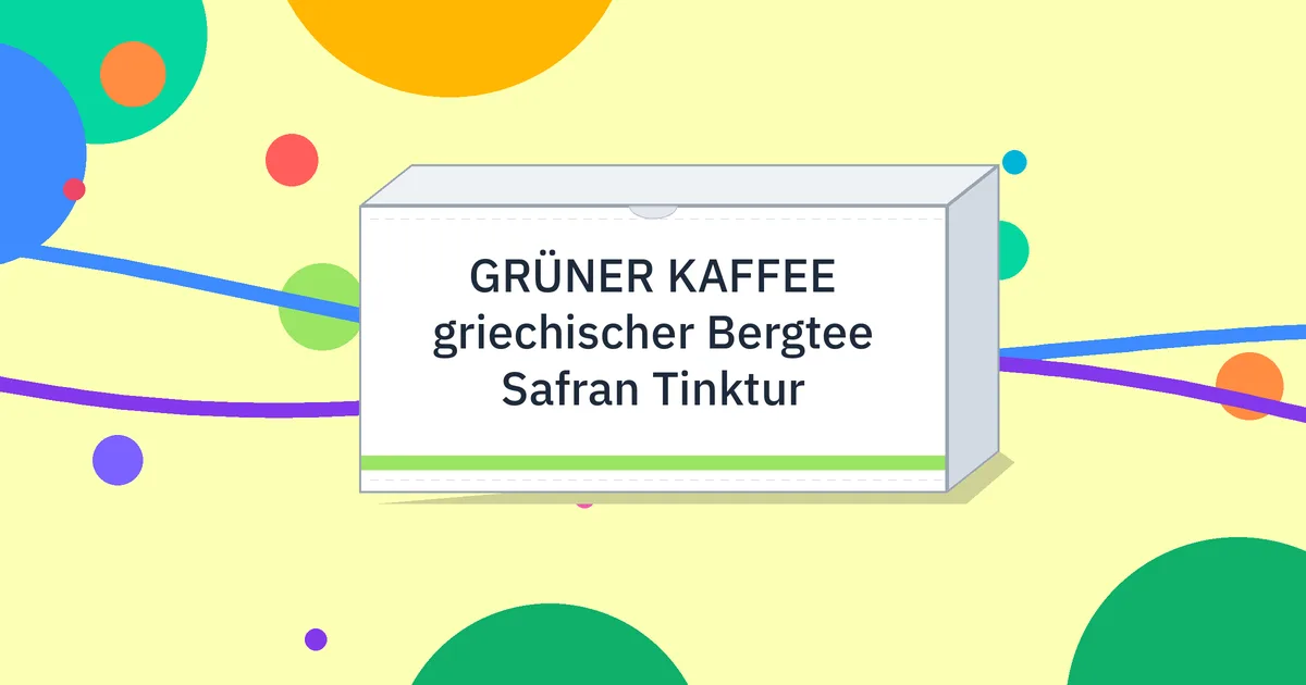 Symbolbild: Packung mit der Aufschrift GRÜNER KAFFEE griechischer Bergtee Safran Tinktur (PZN 18215178) – Verfügbarkeit und Bezug in Apotheken in Frankfurt am Main