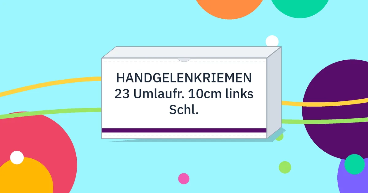 Symbolbild: Packung mit der Aufschrift HANDGELENKRIEMEN 23 Umlaufr. 10cm links Schl. (PZN 01963232) – Verfügbarkeit und Bezug in Apotheken in Frankfurt am Main