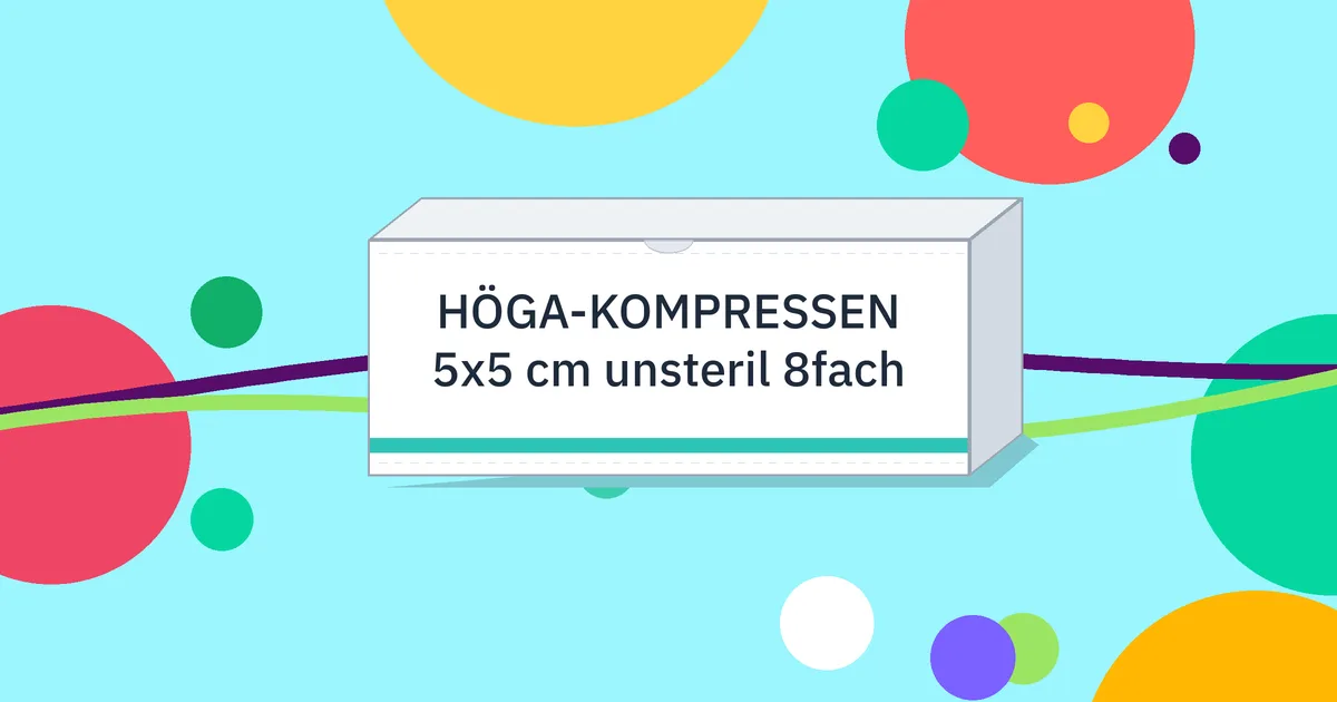 Symbolbild: Packung mit der Aufschrift HÖGA-KOMPRESSEN 5x5 cm unsteril 8fach (PZN 06885117) – Verfügbarkeit und Bezug in Apotheken in Frankfurt am Main