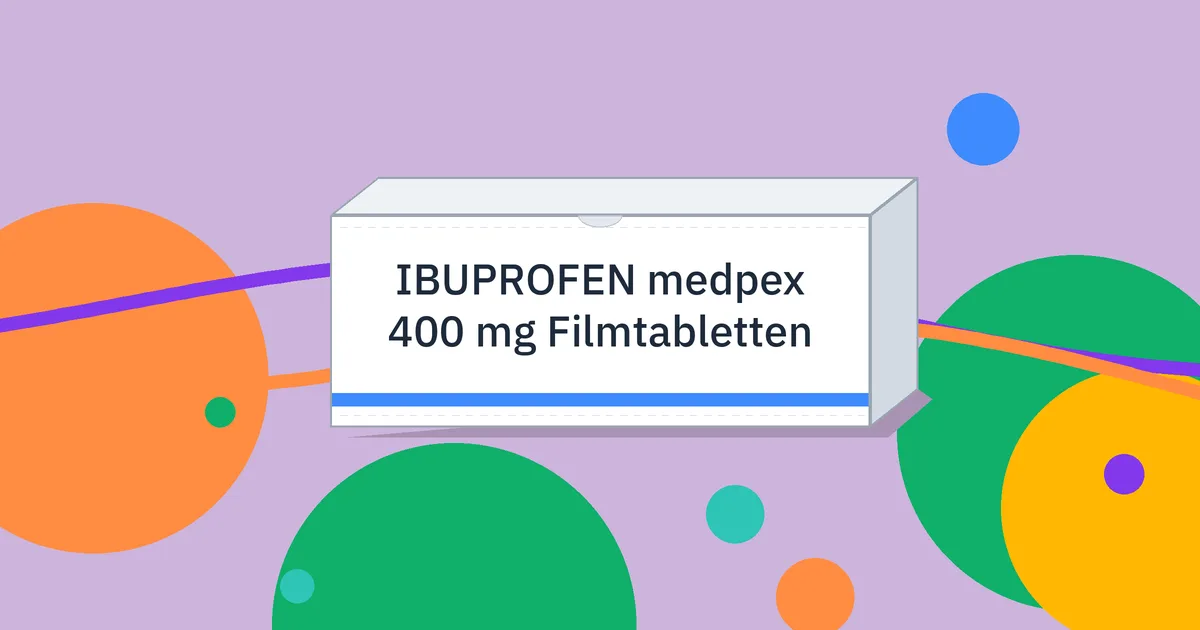 Symbolbild: Packung mit der Aufschrift IBUPROFEN medpex 400 mg Filmtabletten (PZN 18043487) – Verfügbarkeit und Bezug in Apotheken in Frankfurt am Main