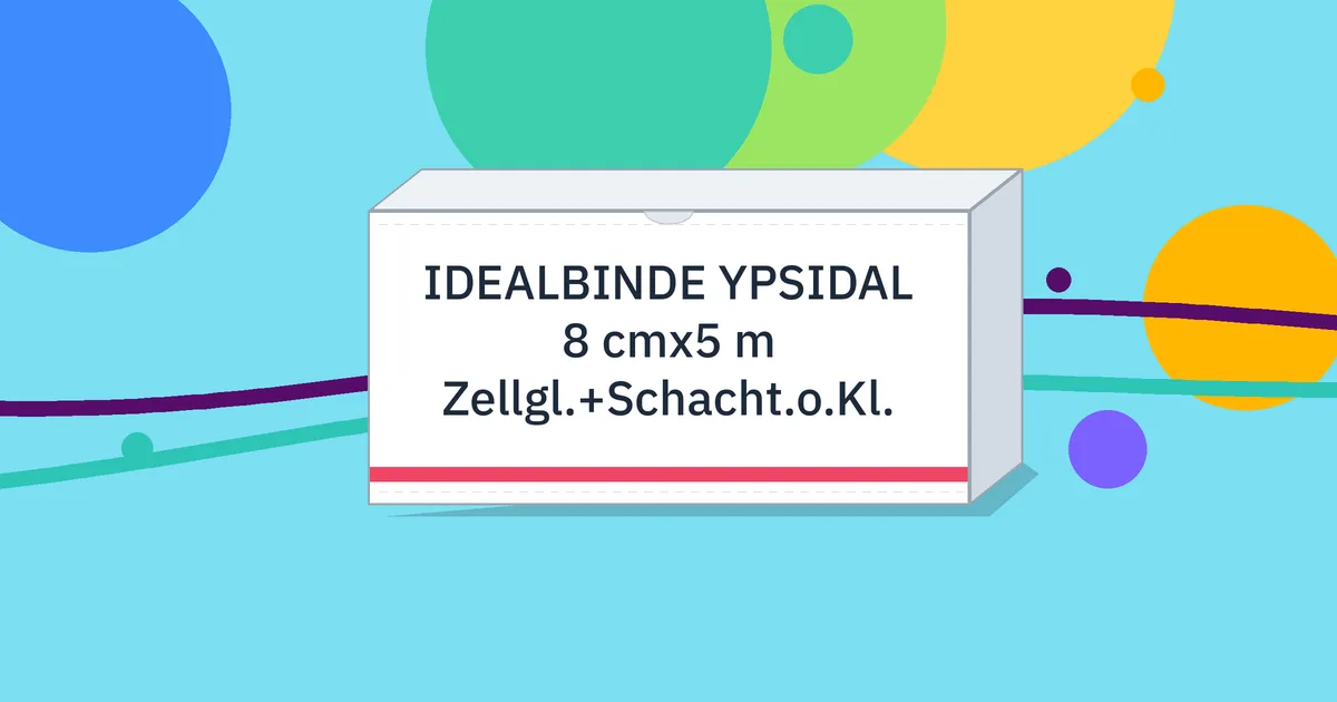 Symbolbild: Packung mit der Aufschrift IDEALBINDE YPSIDAL 8 cmx5 m Zellgl.+Schacht.o.Kl. (PZN 03307791) – Verfügbarkeit und Bezug in Apotheken in Frankfurt am Main