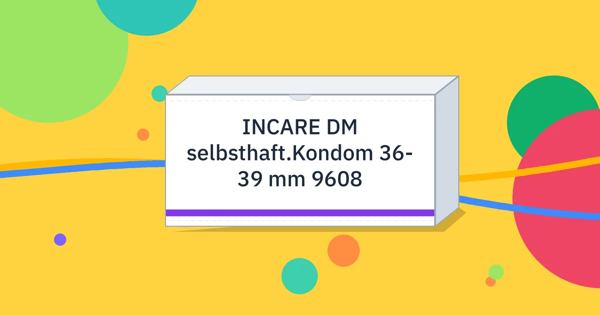 Symbolbild: Packung mit der Aufschrift INCARE DM selbsthaft.Kondom 36-39 mm 9608 (PZN 03662693) – Verfügbarkeit und Bezug in Apotheken in Frankfurt am Main