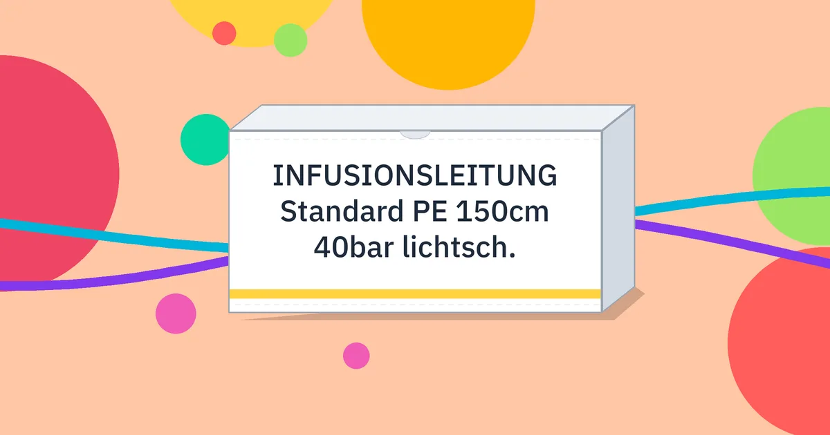 Symbolbild: Packung mit der Aufschrift INFUSIONSLEITUNG Standard PE 150cm 40bar lichtsch. (PZN 18469140) – Verfügbarkeit und Bezug in Apotheken in Frankfurt am Main