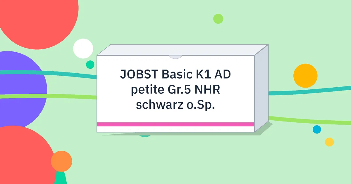Symbolbild: Packung mit der Aufschrift JOBST Basic K1 AD petite Gr.5 NHR schwarz o.Sp. (PZN 15313532) – Verfügbarkeit und Bezug in Apotheken in Frankfurt am Main