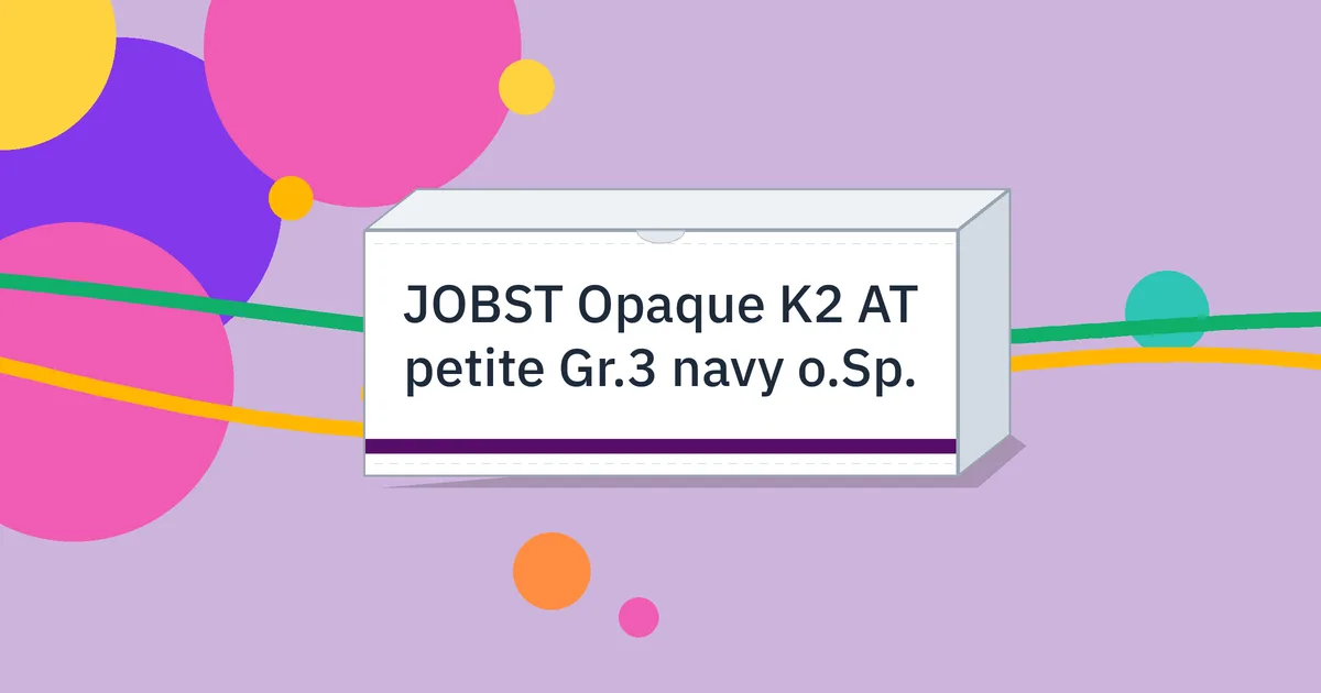 Symbolbild: Packung mit der Aufschrift JOBST Opaque K2 AT petite Gr.3 navy o.Sp. (PZN 13119731) – Verfügbarkeit und Bezug in Apotheken in Frankfurt am Main