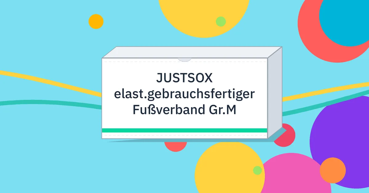 Symbolbild: Packung mit der Aufschrift JUSTSOX elast.gebrauchsfertiger Fußverband Gr.M (PZN 19903555) – Verfügbarkeit und Bezug in Apotheken in Frankfurt am Main