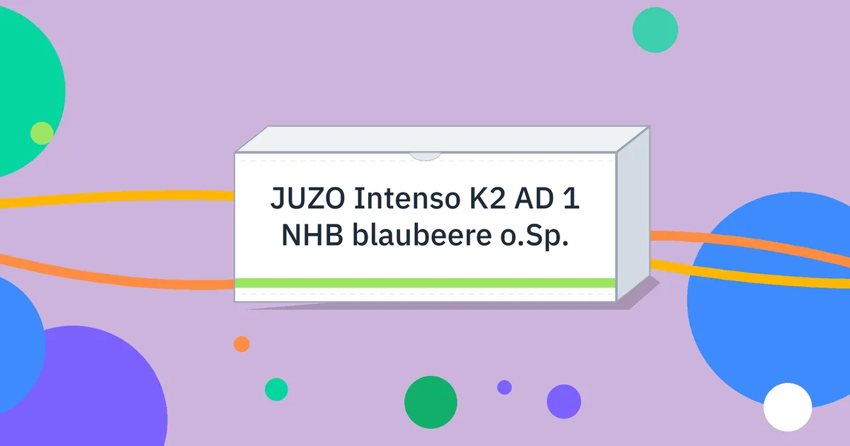 Symbolbild: Packung mit der Aufschrift JUZO Intenso K2 AD 1 NHB blaubeere o.Sp. (PZN 18620393) – Verfügbarkeit und Bezug in Apotheken in Frankfurt am Main